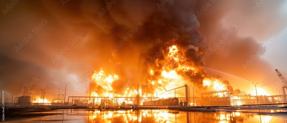 Emergency response at a chemical factory fire, with bright flames and ...