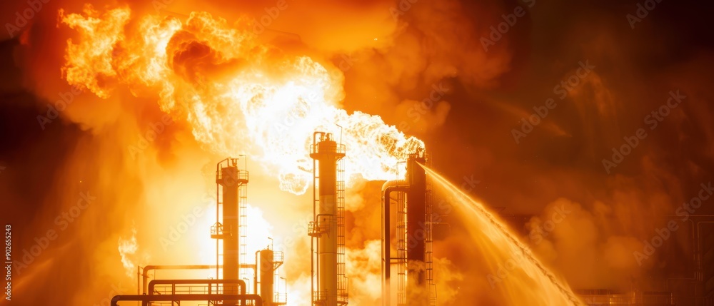 Emergency response at a chemical factory fire, with bright flames and ...