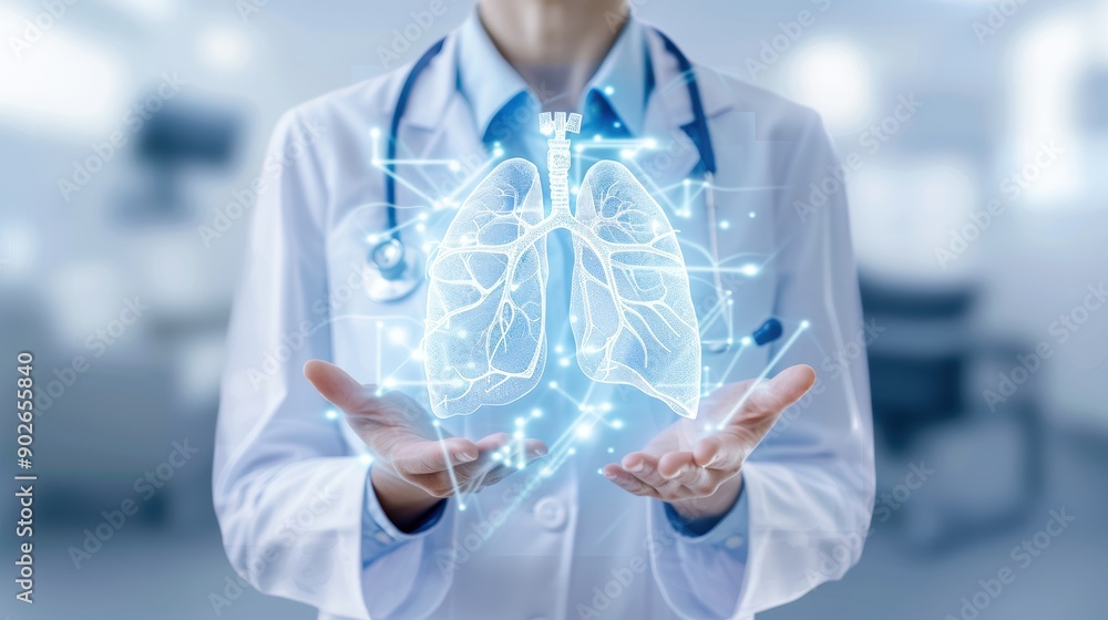 Artistic depiction of a woman doctor holding virtual lungs, with a ...