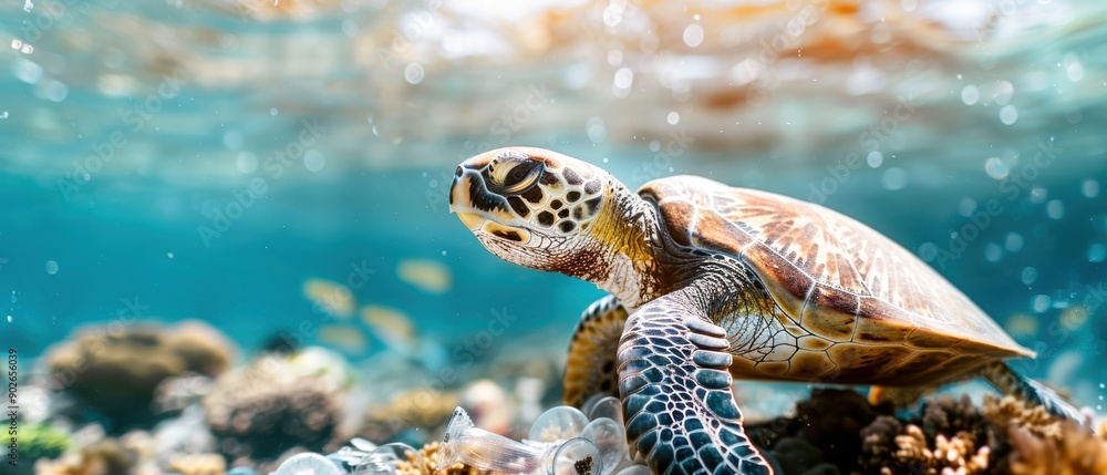 An image of a sea turtle entangled in plastic debris, highlighting the ...