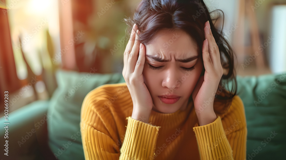 Beautiful woman suffering from a headache at home, with a blurred ...