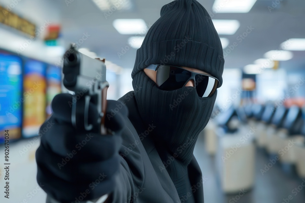 Masked robber wearing sunglasses and pointing a gun during a heist ...