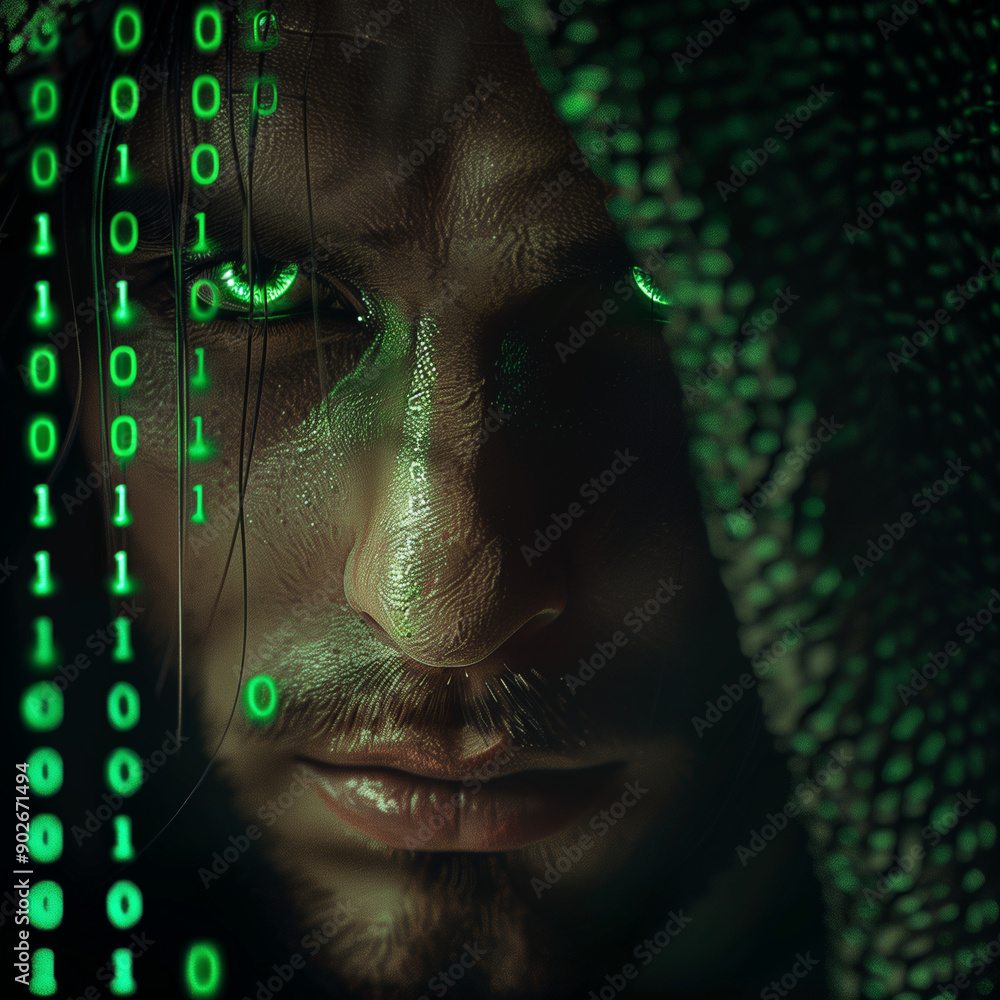Portrait of an evil hacker with green eyes, the face is covered in ...