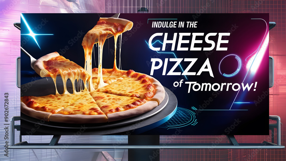 Design a billboard with a closeup of a cheese pizza and a juicy patty ...