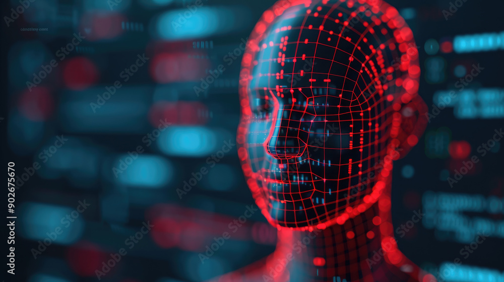 Explore a futuristic 3D head with a holographic interface symbolizing ...