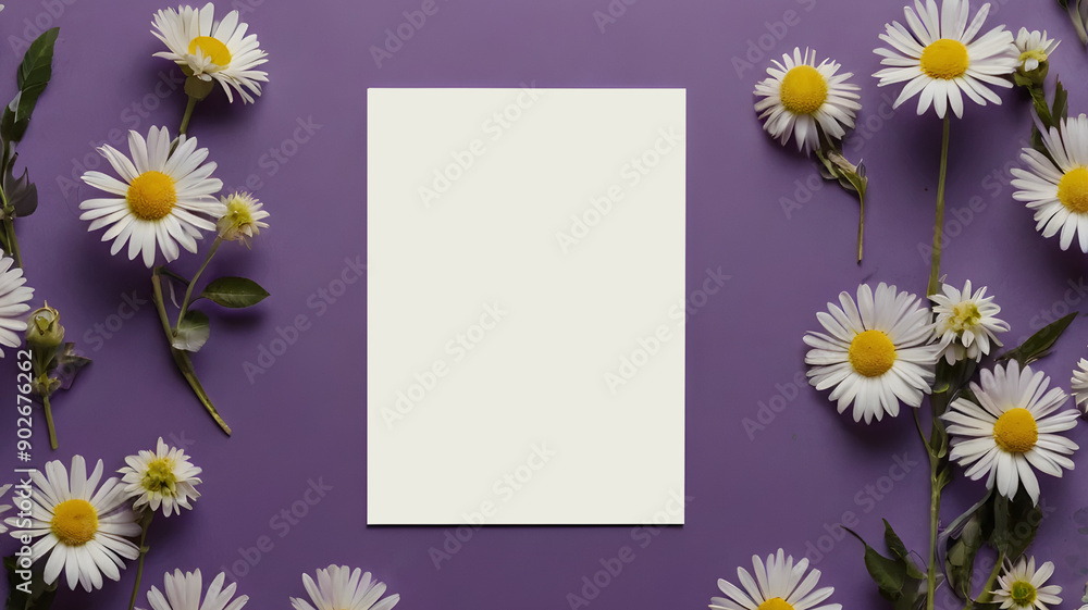 white card surrounded by small flowers on a purple background Stock ...