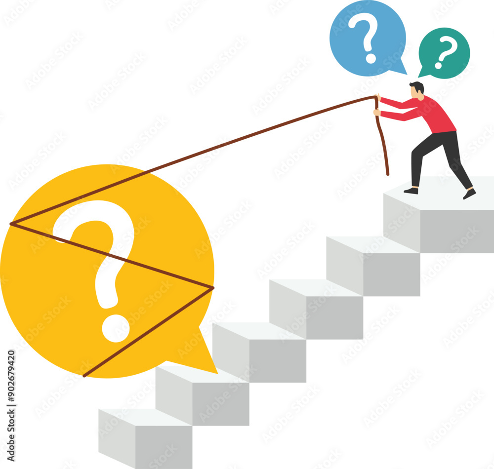Hand pulling heavy question mark sign in speech bubble up stair case ...