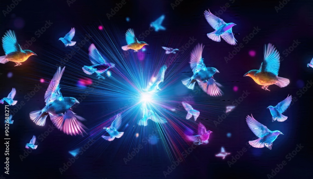Flying birds images, colorful neon light birds and lens flare, overly ...