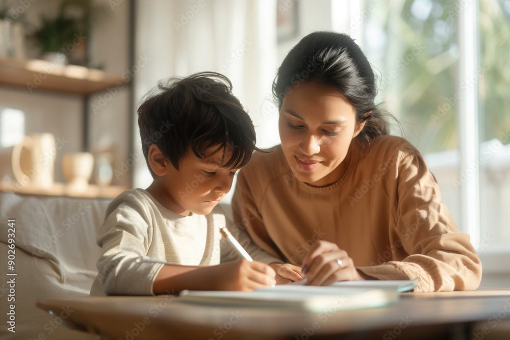 Mother and son engaged in homeschooling, writing in notebook at home ...
