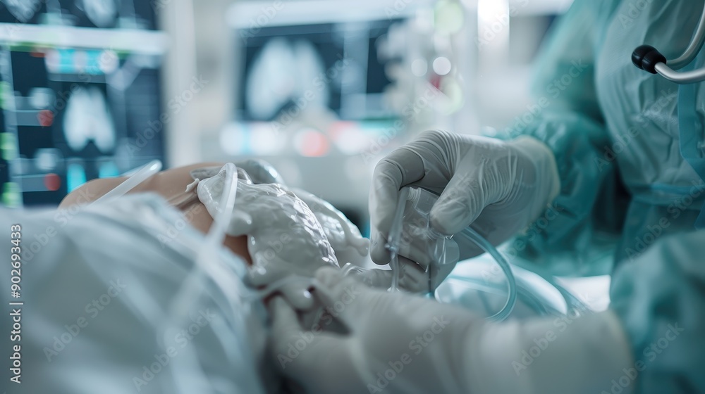 Medical team providing critical care to a patient in an intensive care ...