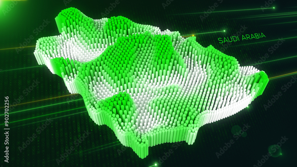 Digital 3D Perspective Dynamic Rippling Map of Saudi Arabia in Green ...