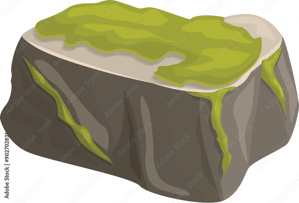 Cartoon style illustration of a grey rock covered with green moss on ...