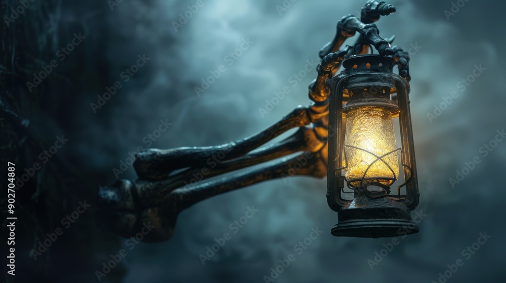 Skeletal Hand Holding Lantern in Foggy Night: A skeletal hand reaches ...