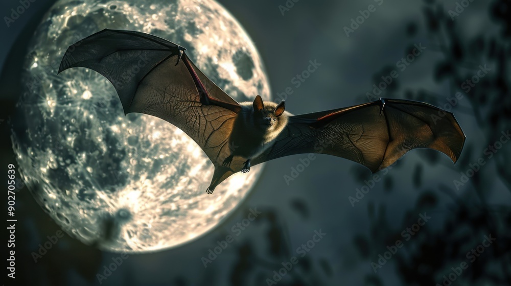 Bat Silhouette Against a Full Moon: A single bat, wings outstretched ...