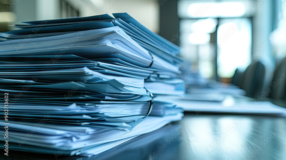 large stack of paper documents is piled on a desk in an office setting ...