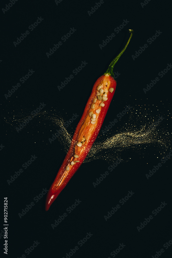 Red and yellow peppers and chilly peppers against black background with ...