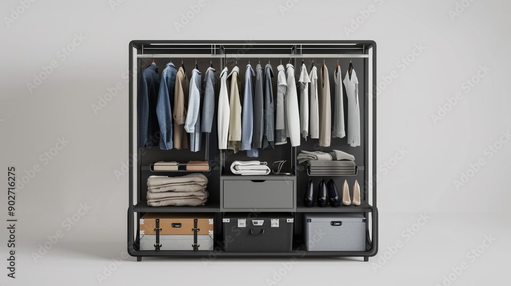 Modern wardrobe setup featuring neatly arranged clothing and ...