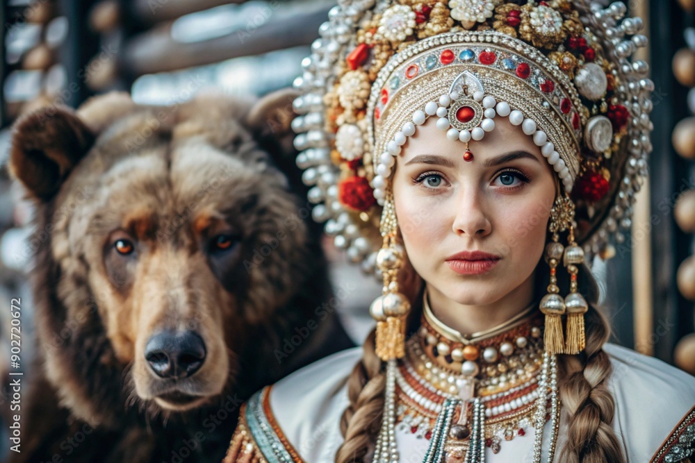 A beautiful girl in a traditional Russian national costume. Against the ...