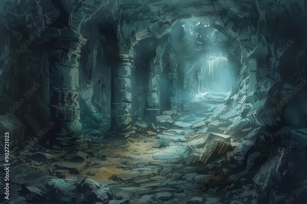 Mysterious Underground Chamber with Broken Columns and Piles of Debris ...