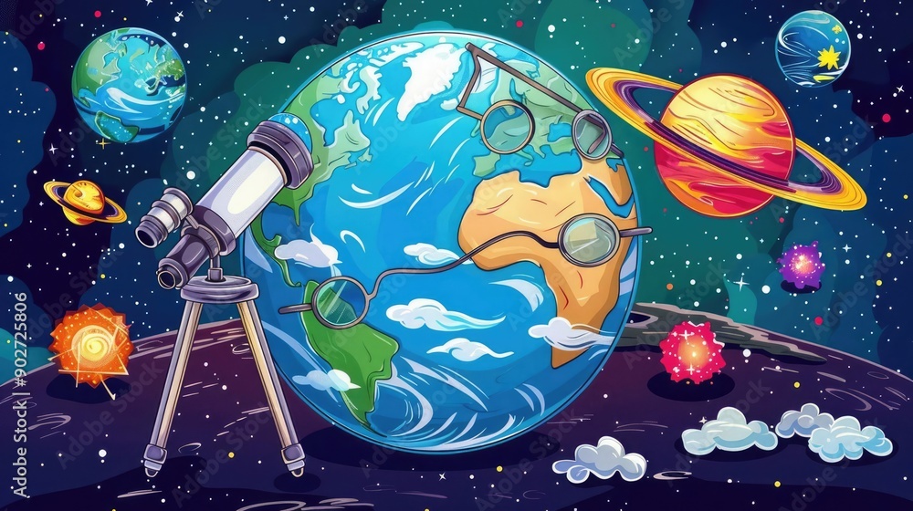 Cute cartoon Earth with glasses and telescope, studying vibrant ...