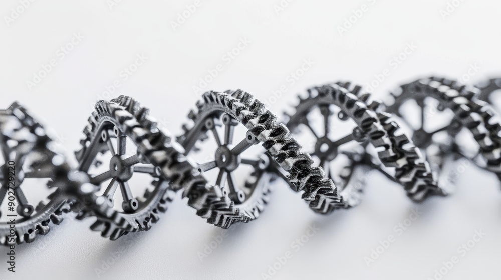 Spiral-shaped 3d printed object with interlocking gears on a white ...
