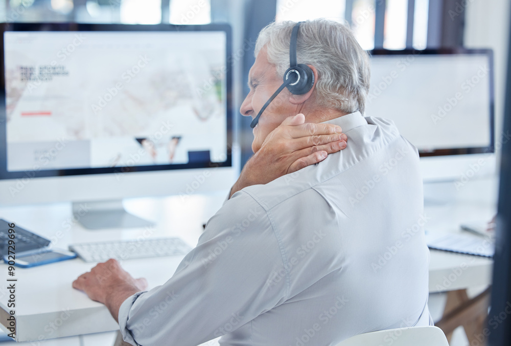 Call center, man and pain in neck in office with customer service ...
