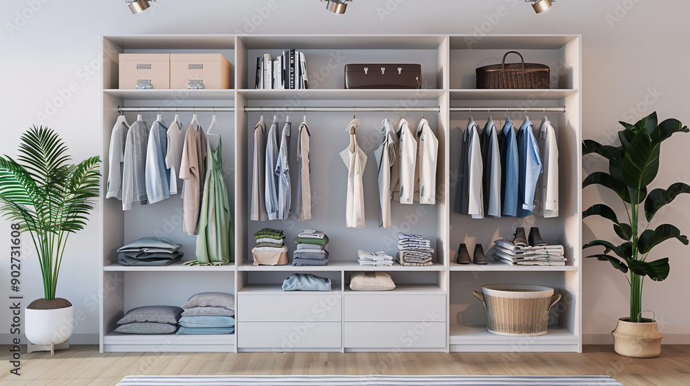 Modern wardrobe setup featuring neatly arranged clothing and ...