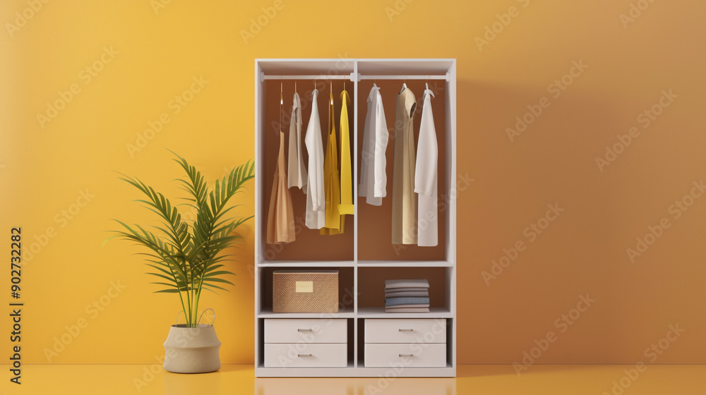 Modern wardrobe setup featuring neatly arranged clothing and ...