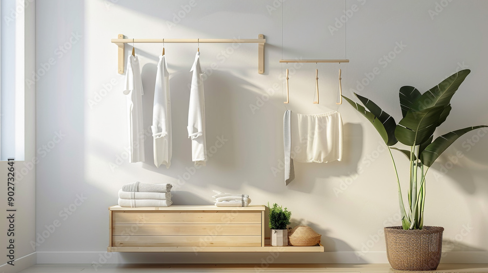 Modern wardrobe setup featuring neatly arranged clothing and ...