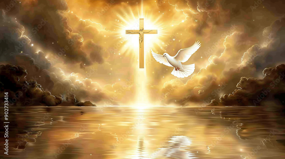 doves flying side of a heavenly cross with a sunburst rays reflection ...