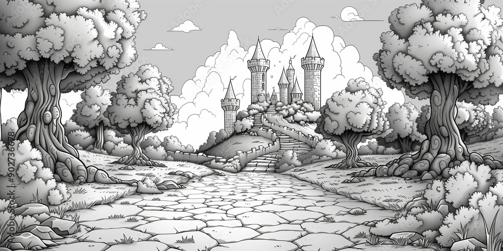 Coloring book page, fantasy theme: A simple illustration of a mystical ...