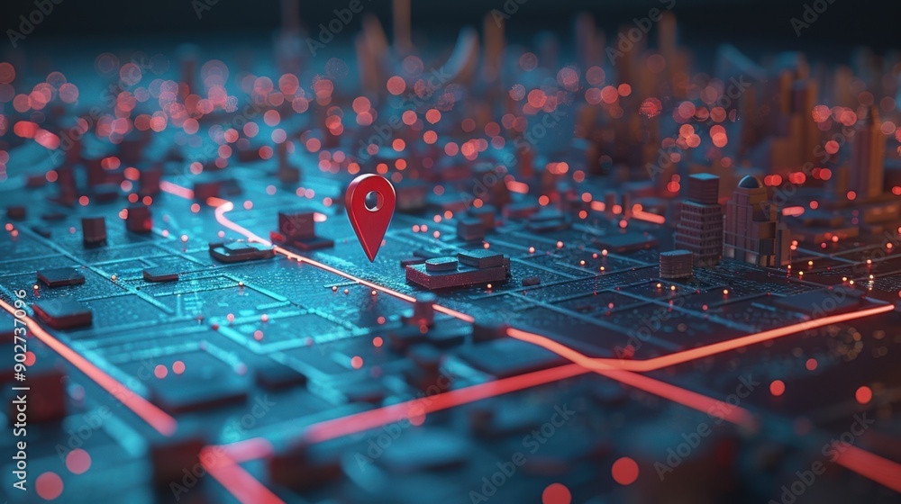 Advanced digital map interface with a 3D city layout and red location ...