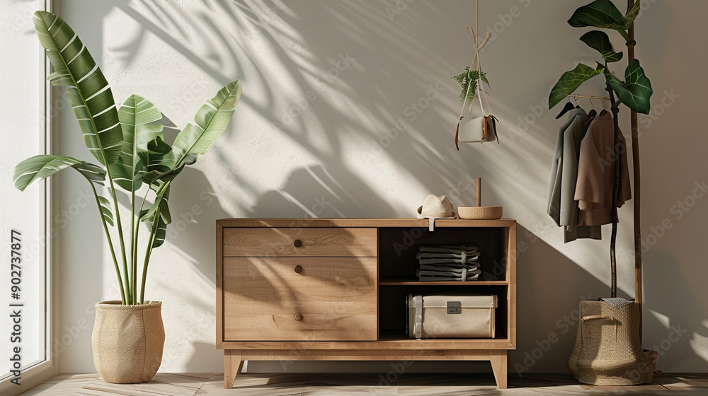 Modern wardrobe setup featuring neatly arranged clothing and ...