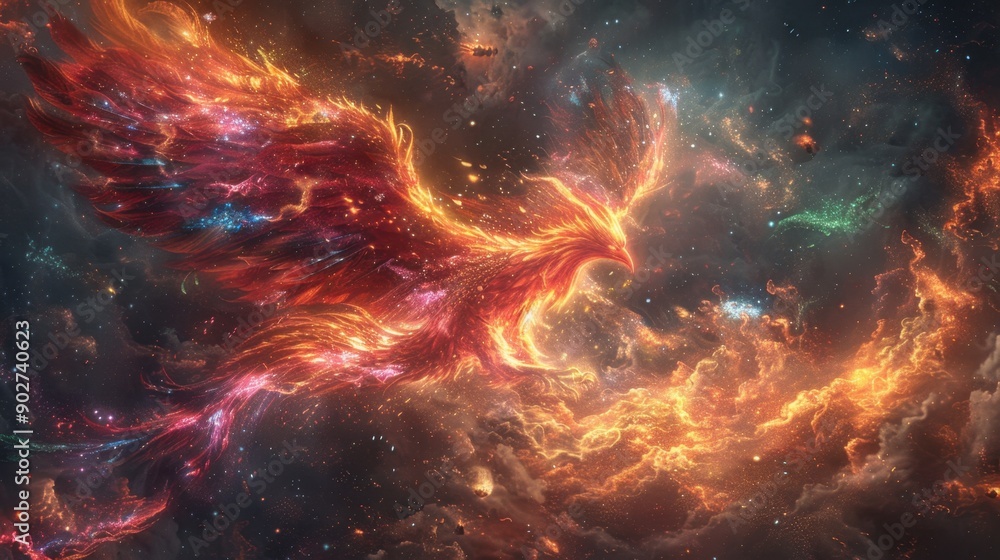 Artistic depiction of a mythical phoenix rebirth among vibrant cosmic ...
