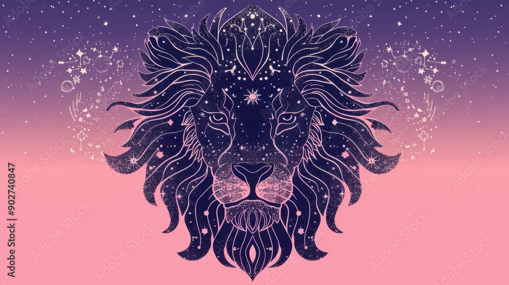 Illustration of black and white Leo zodiac star sign over a gradient ...