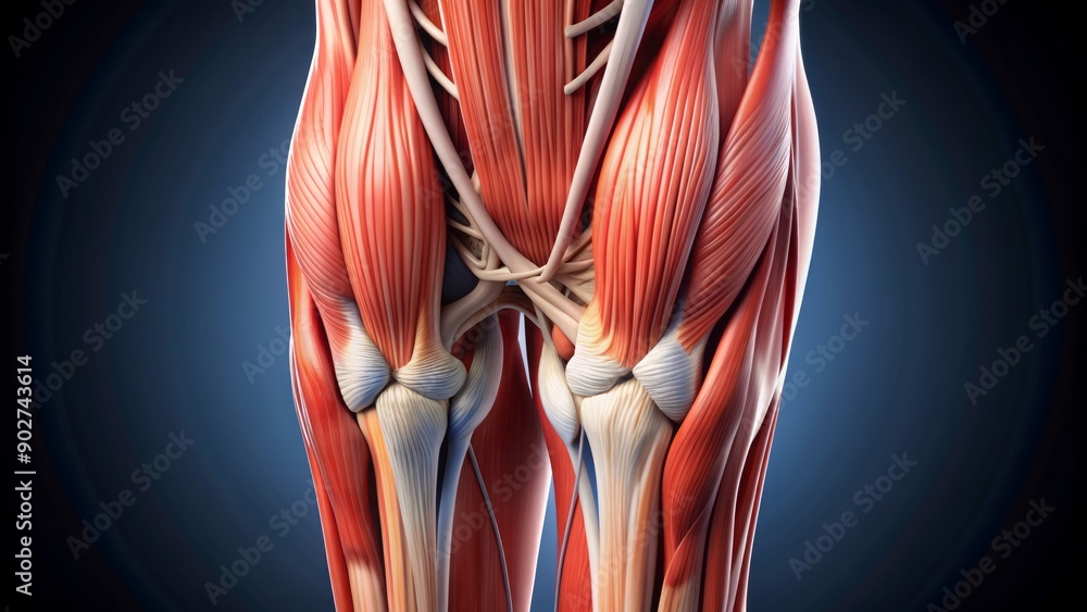 High-contrast detailed illustration of human knee anatomy with ...