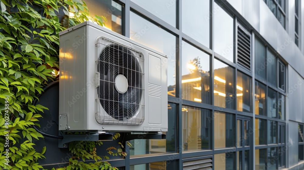 An outdoor air conditioning unit attached to a modern building with ...