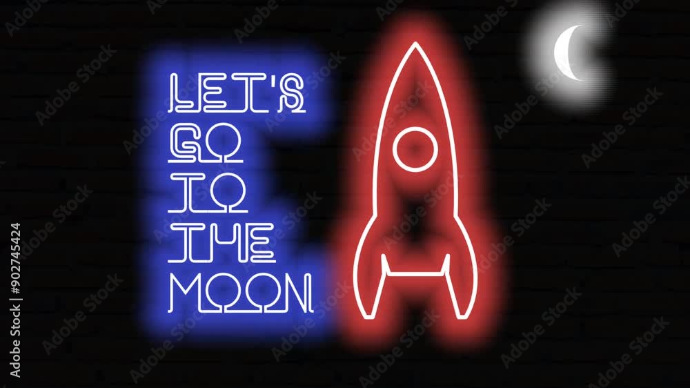 Neon animation with the text Let's go to the moon in blue with a ...