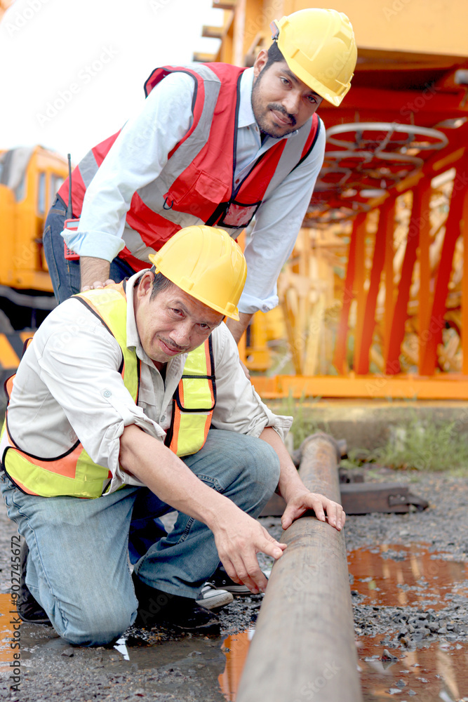 Two workers with safety vest and helmet inspecting metal pipe at ...