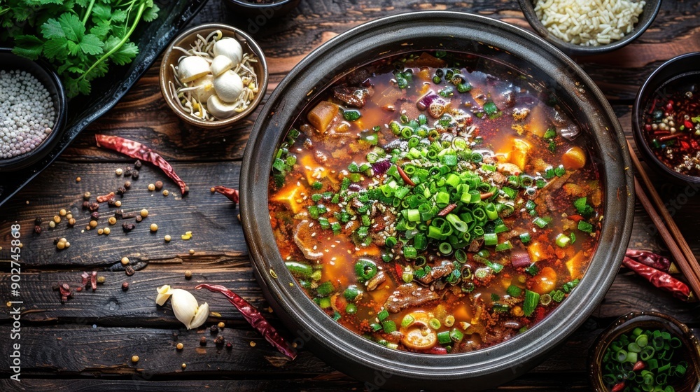 Top view of traditional Chinese Sichuan hot pot on a rustic wooden ...
