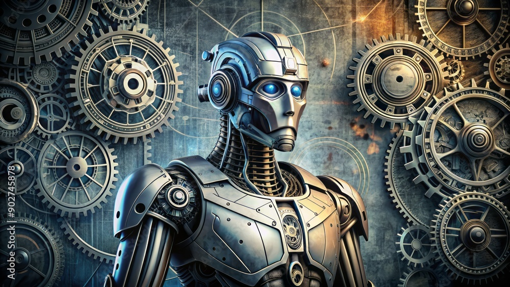 Detailed futuristic robot sketch illustration on metallic background ...