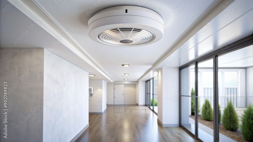 Modern residential ceiling-mounted home smoke detector installed in a ...