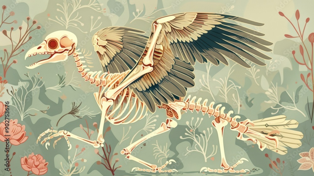Cartoon depiction of a bird skeleton, showcasing its anatomical details ...