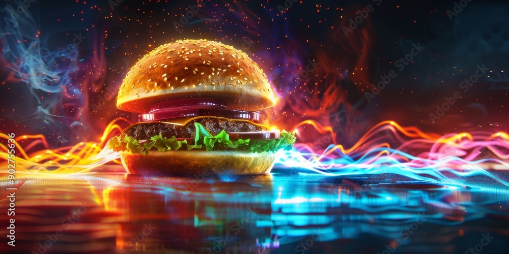 Neon Glowing Burger: Futuristic Fast Food Marketing Concept. Vibrant ...