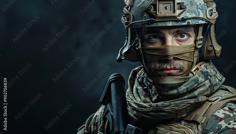 Military person dressed battle uniforms, clutching a rifle, battle ...