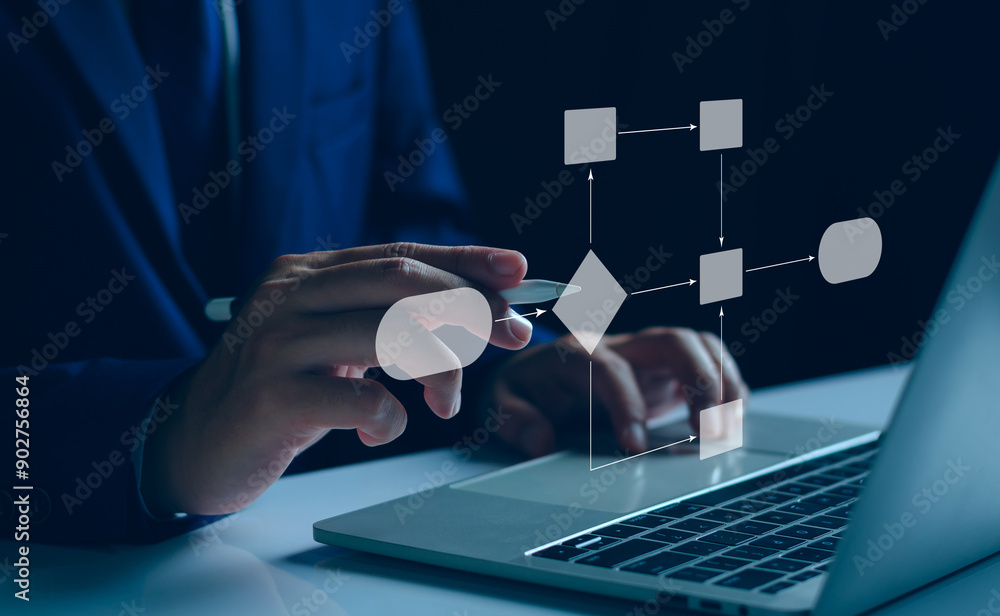 Workflow computer automation for business office. Developer writing ...