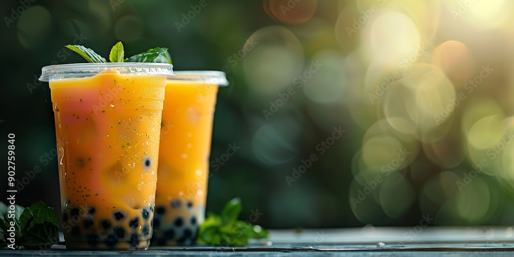 Mango lemon aroma with boba or tapioca pearls in bubbled milkshake in a ...