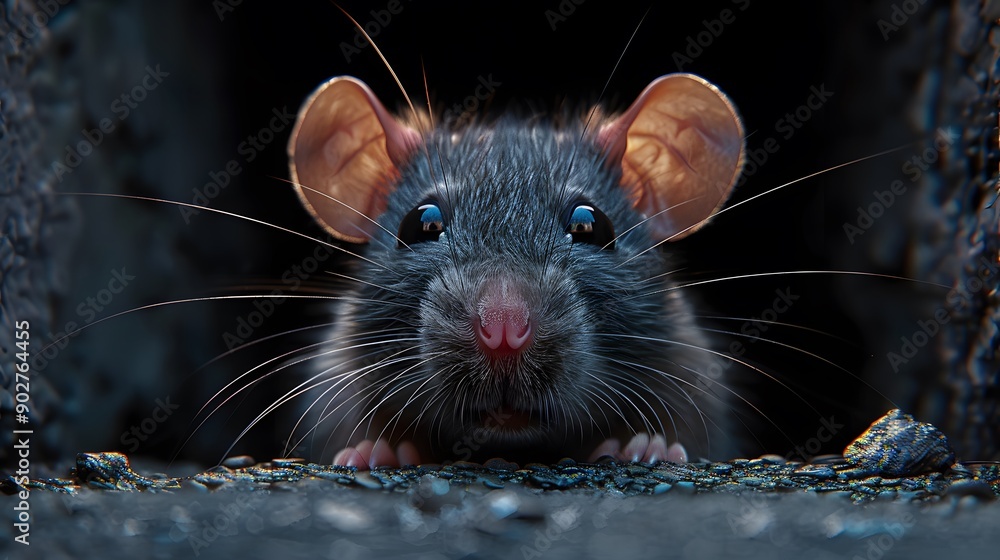 Curious gray rat, peeking from corner, gray concrete wall, macro shot ...