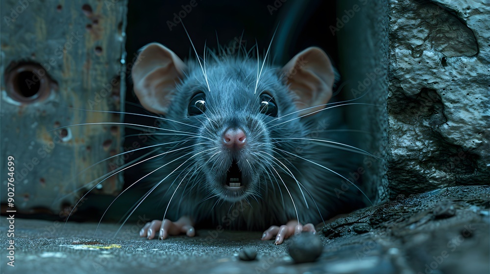 Curious gray rat, peeking from corner, gray concrete wall, macro shot ...