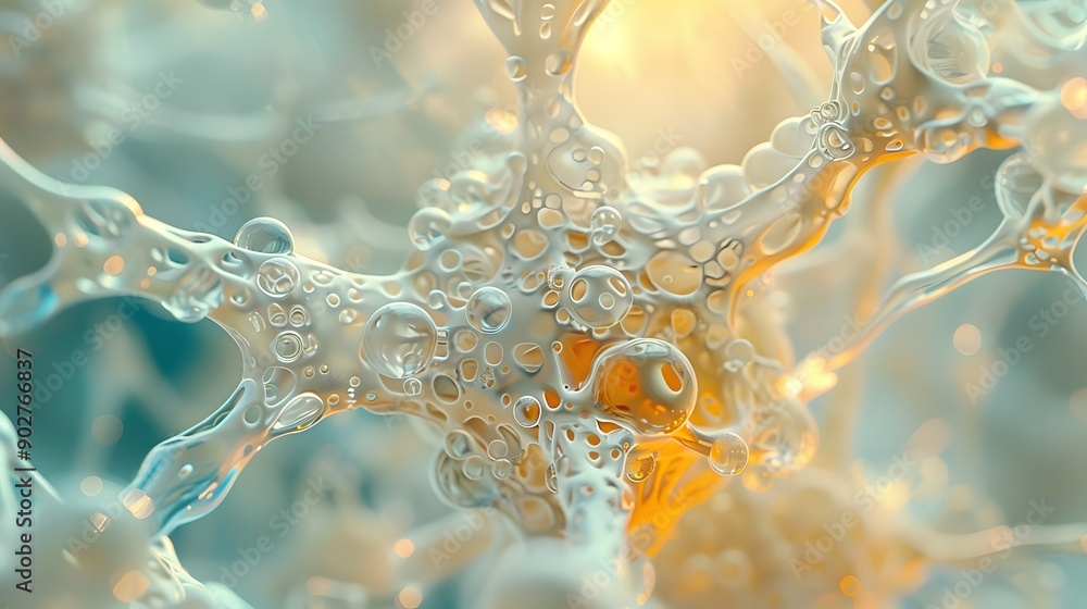 Microscopic cell structure, pale yellow color scheme, interconnected organic shapes, delicate ...